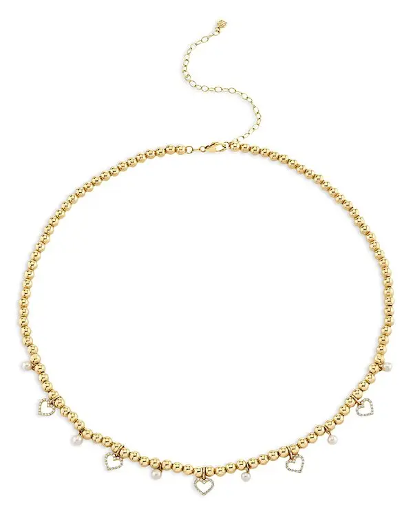 SYDNEY EVAN 14k Yellow Pearl And Diamond Heart Beaded Collar Necklace - Gold