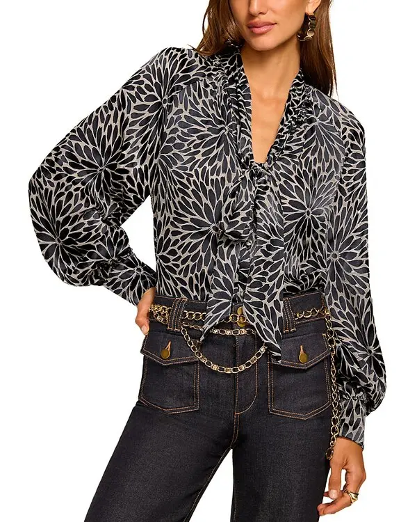 Ramy Brook Aura Tie Neck Blouse - Navy Burnout