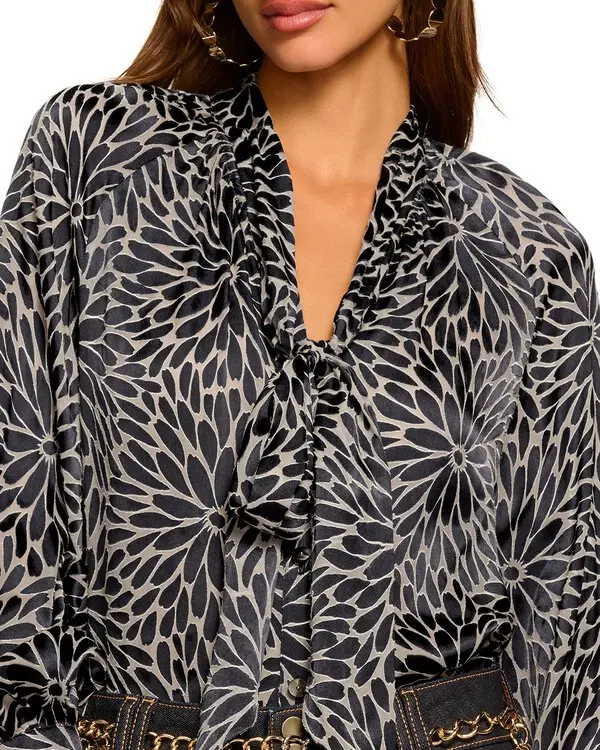 Ramy Brook Aura Tie Neck Blouse - Navy Burnout