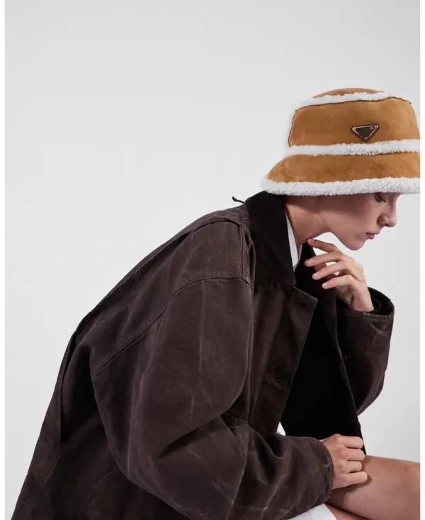 Prada Suede Shearling Bucket Hat - Neutral