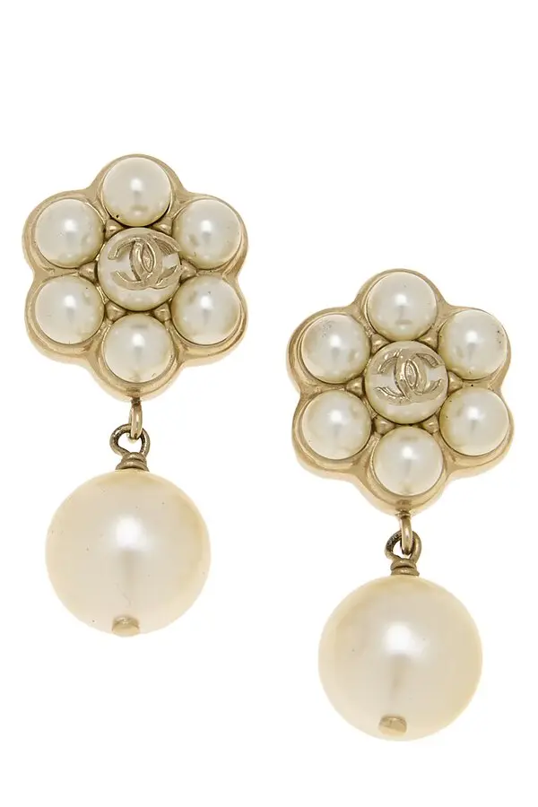 Chanel Gold Faux Pearl Dangle Earrings - White