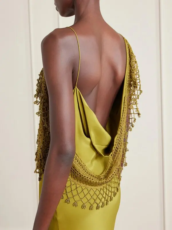 Christopher Esber Beaded Crocheted-Trimmed Silk-Satin Maxi Dress - Green |  Editorialist