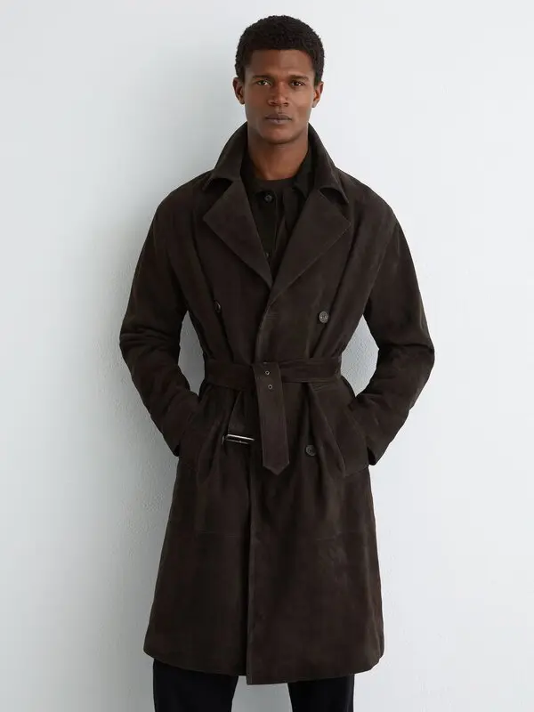 REISS Marais Suede Double-breasted Trench Coat
