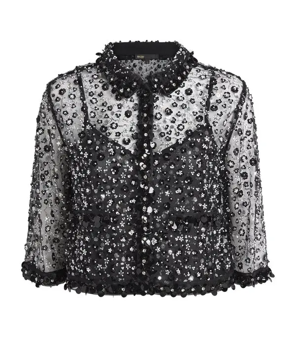 Maje Sheer Rhinestone Polo Top