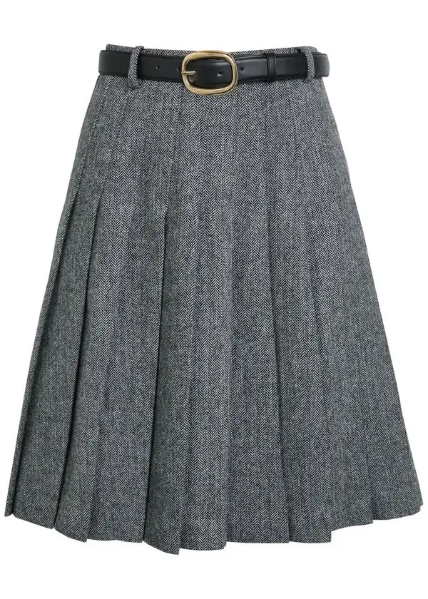 SELF-PORTRAIT Herringbone Pleated Wool-blend Mini Skirt