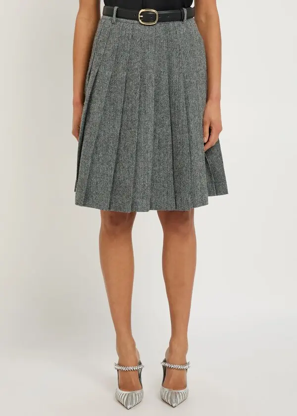 SELF-PORTRAIT Herringbone Pleated Wool-blend Mini Skirt