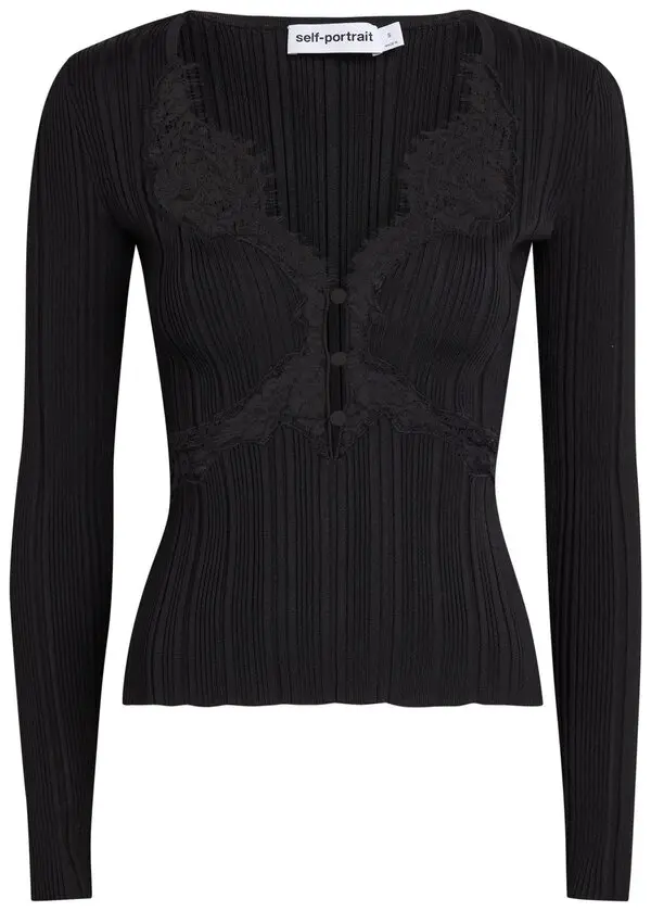SELF-PORTRAIT Ribbed Lace-trim Stretch-knit Top