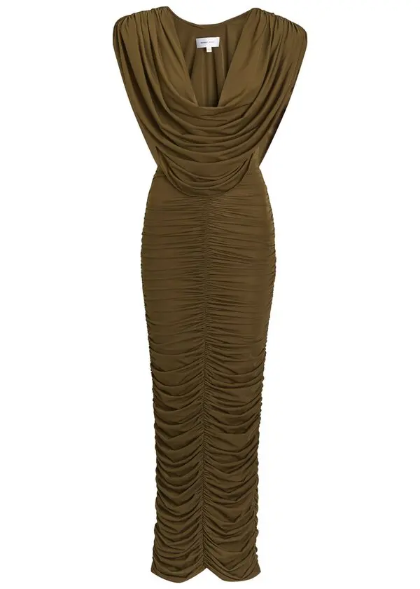 Ronny Kobo Cowl-neck Ruched Stretch-mesh Midi Dress - Green