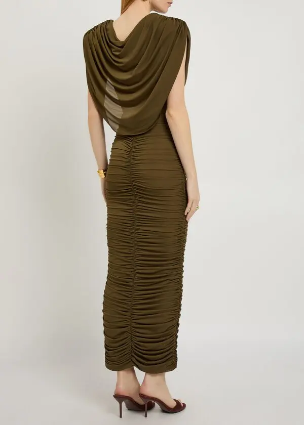 Ronny Kobo Cowl-neck Ruched Stretch-mesh Midi Dress - Green