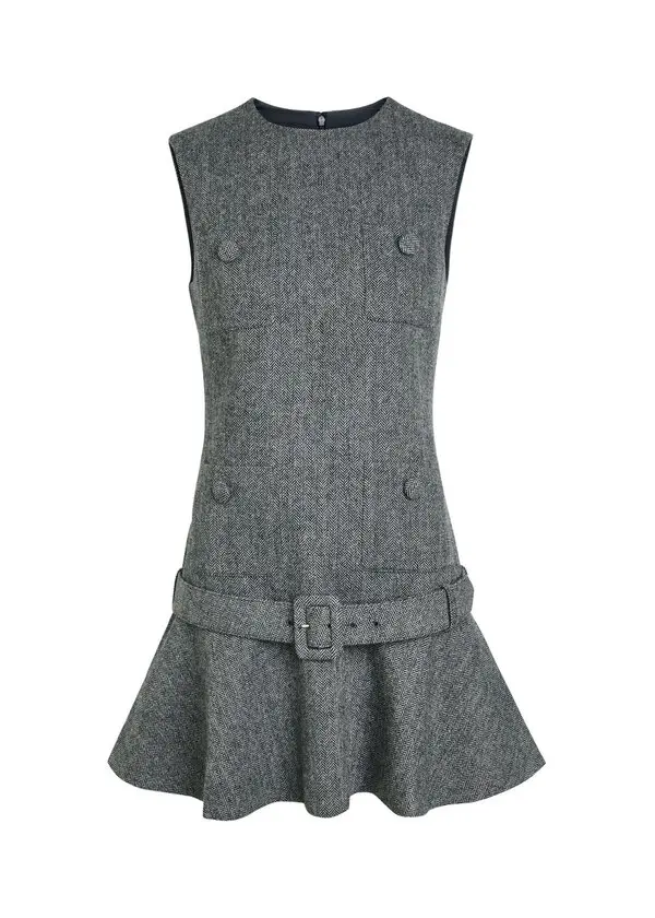 SELF-PORTRAIT Herringbone Belted Wool-blend Mini Dress - Grey