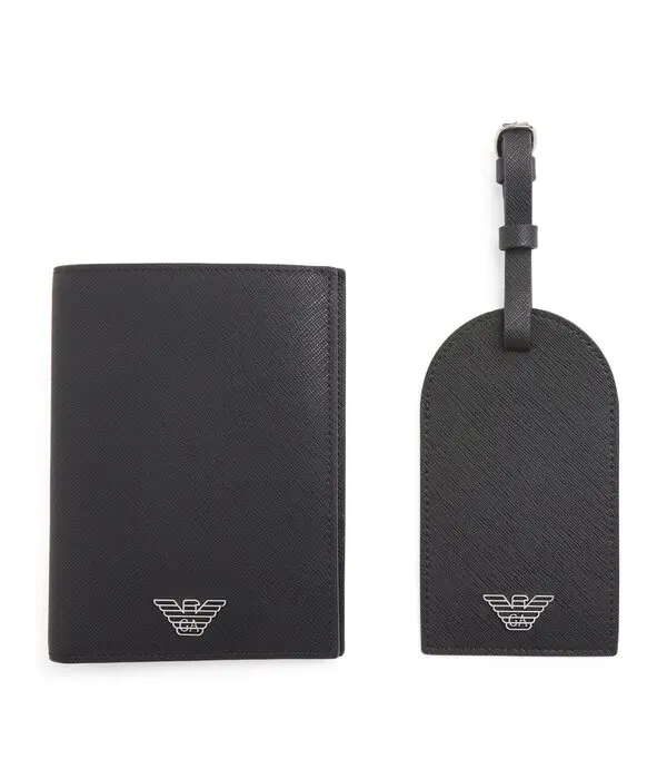Emporio Armani Leather Passport Holder And Tag Set - Black