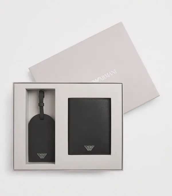 Emporio Armani Leather Passport Holder And Tag Set - Black