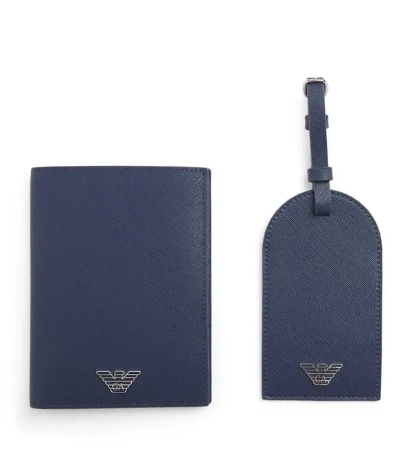 Emporio Armani Leather Passport Holder And Tag Set - Blue