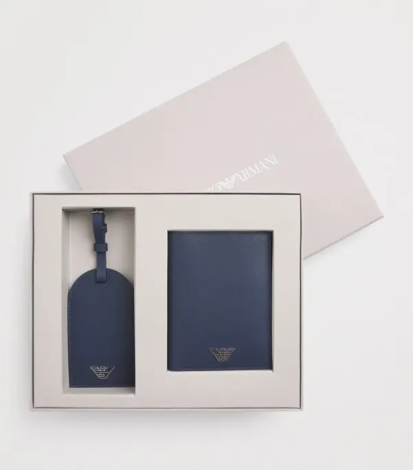 Emporio Armani Leather Passport Holder And Tag Set - Blue