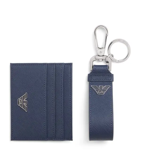 Emporio Armani Leather Card Holder And Keyring Set - Blue