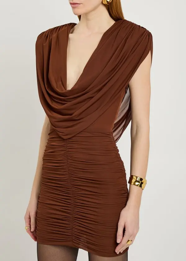ronny kobo brown mini dress Ronny Kobo Long-Sleeve High-Neck Ruched Mini Dress L / Toasted Almond
