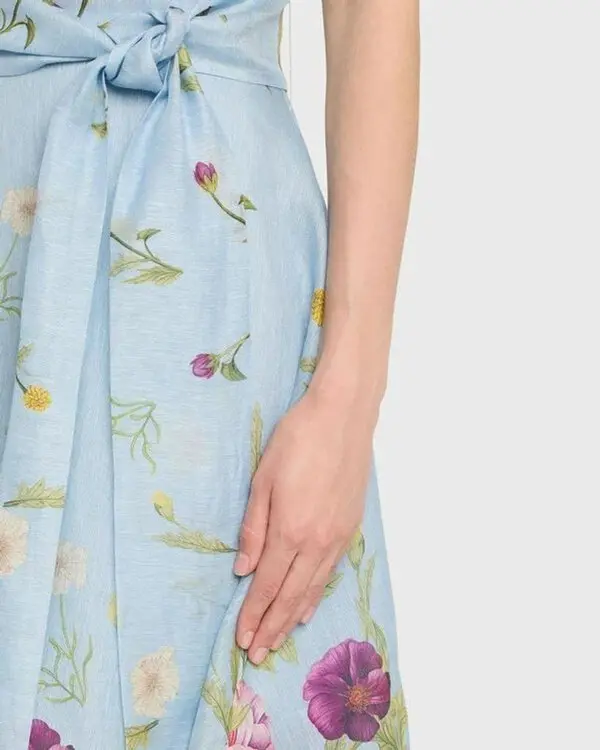Rickie Freeman For Teri Jon Floral-print Silk-linen Midi Shirtdress - Light Blue Multi