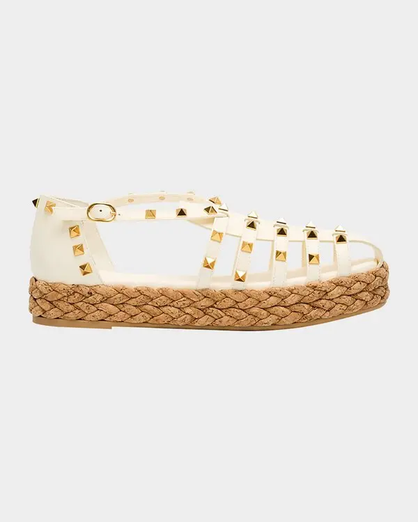 Valentino Garavani Rockstud Espadrille Fisherman Sandals - Ivory/naturale