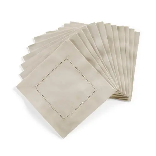 Solino Home Cotton Hemstitch Cocktail Napkins Set Of 12, 6 X 6 Inch For Dining Table - Linen
