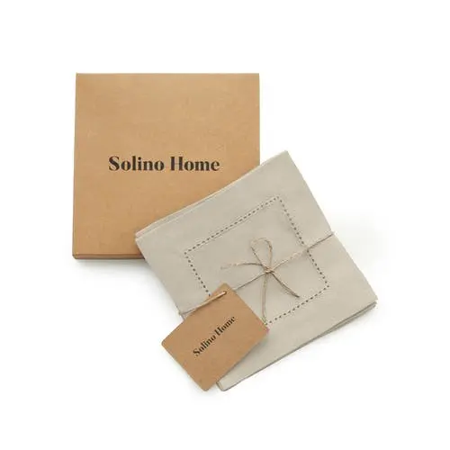Solino Home Cotton Hemstitch Cocktail Napkins Set Of 12, 6 X 6 Inch For Dining Table - Linen