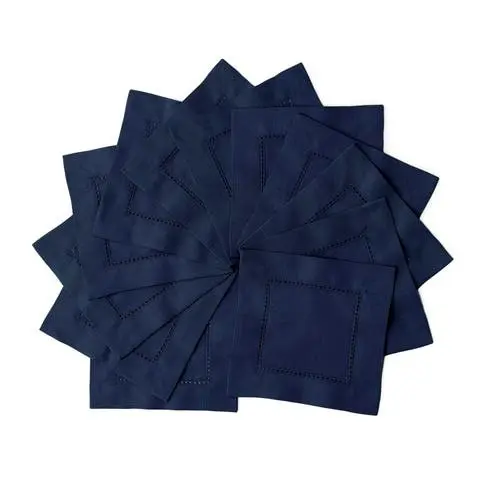 SOLINO HOME Cotton Linen Hemstitch Cocktail Napkins - Navy