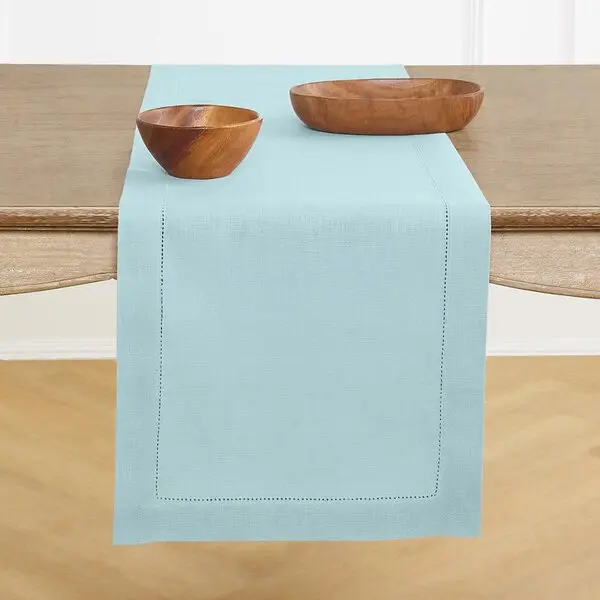 SOLINO HOME Linen Table Runnerclassic Hemstitch - Aqua Blue