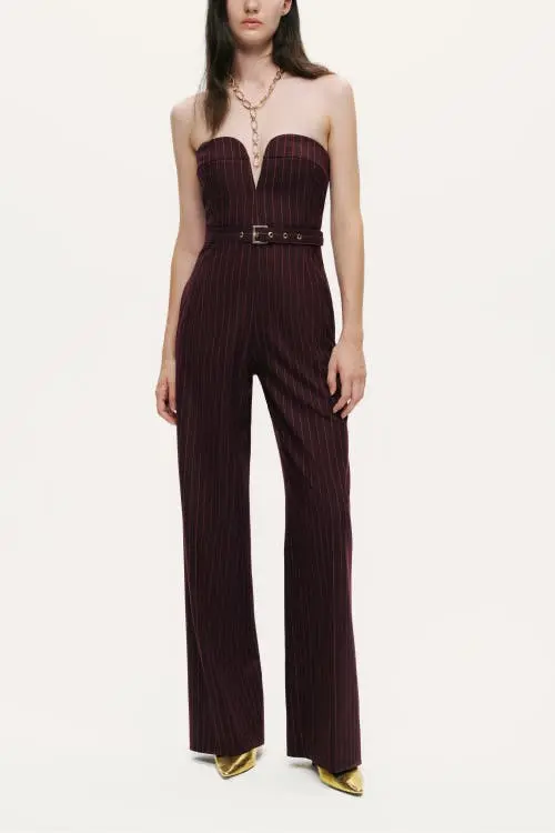 NOCTURNE Strapless Pinstripe Belted Jumpsuit - Burgundy