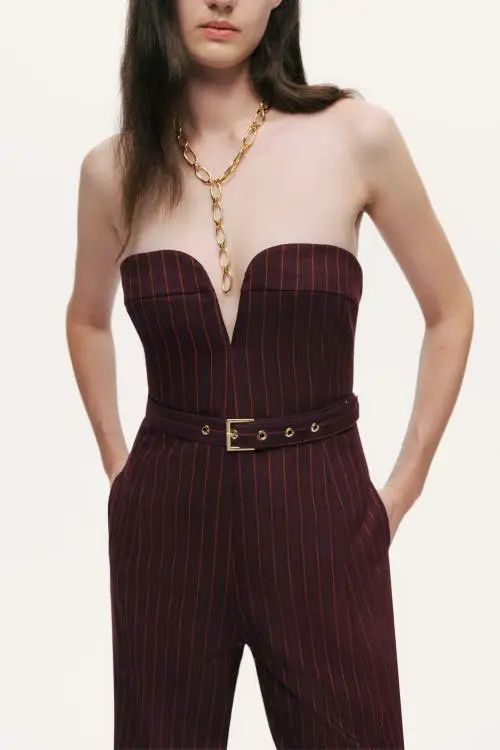 NOCTURNE Strapless Pinstripe Belted Jumpsuit