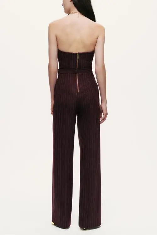NOCTURNE Strapless Pinstripe Belted Jumpsuit