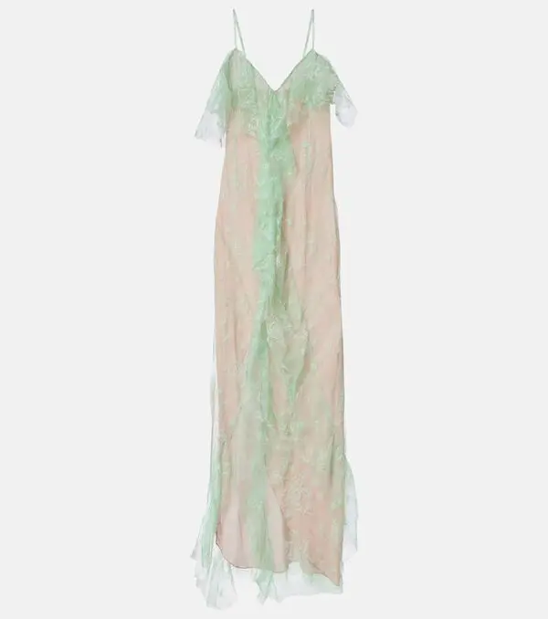 Blumarine Ruffled Sheer Lace Gown - Green
