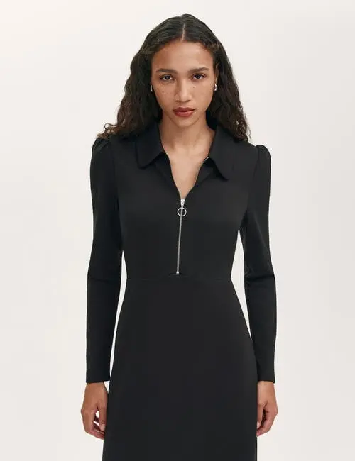 FINERY LONDON Elvira Ponte Jersey Zip Front Midi Dress - Black