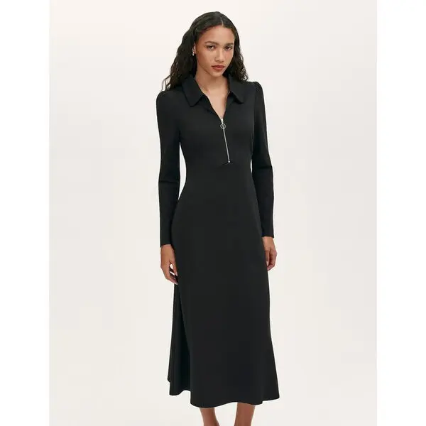 FINERY LONDON Elvira Ponte Jersey Zip Front Midi Dress - Black