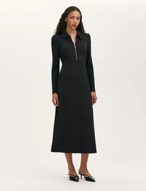 FINERY LONDON Elvira Ponte Jersey Zip Front Midi Dress - Black