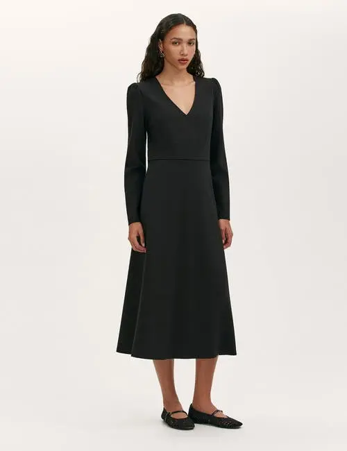 FINERY LONDON Seraphina Ponte Jersey V Neck Midi Dress - Black