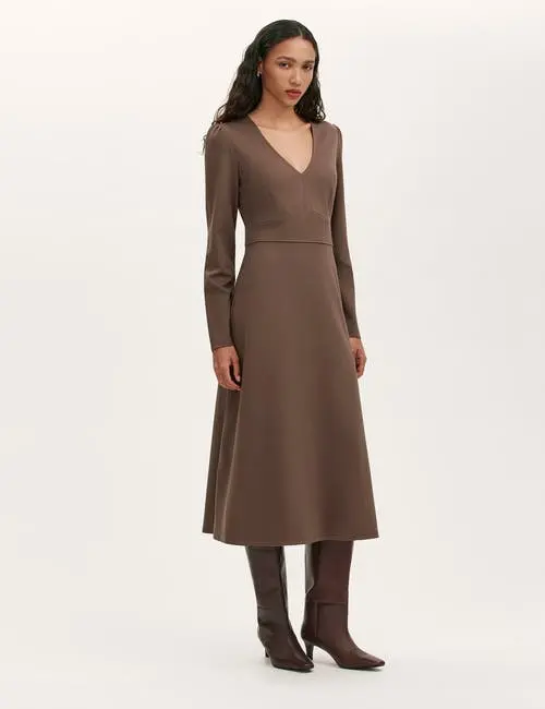 FINERY LONDON Seraphina Ponte Jersey V Neck Midi Dress - Mole