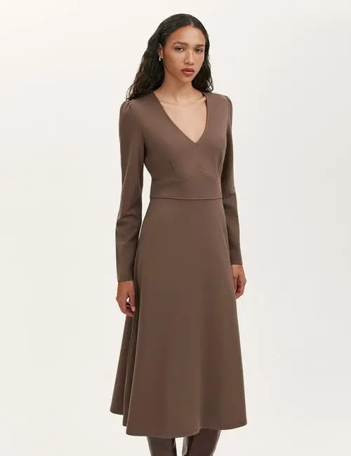 FINERY LONDON Seraphina Ponte Jersey V-neck Midi Dress - Mole
