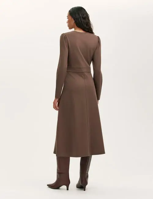 FINERY LONDON Seraphina Ponte Jersey V-neck Midi Dress - Mole