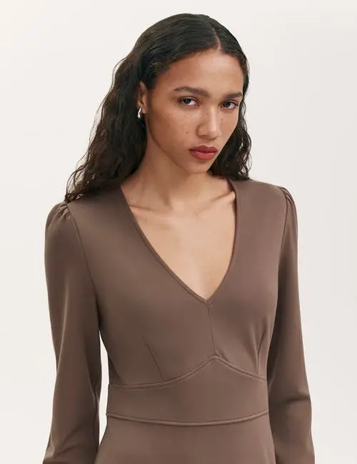 FINERY LONDON Seraphina Ponte Jersey V-neck Midi Dress - Mole