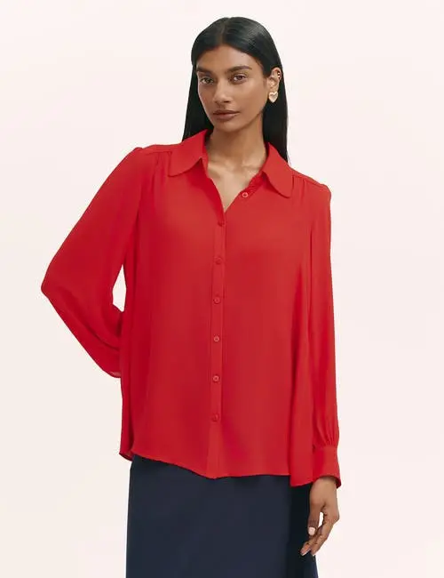 FINERY LONDON Melina Chiffon Button-down Blouse - Red