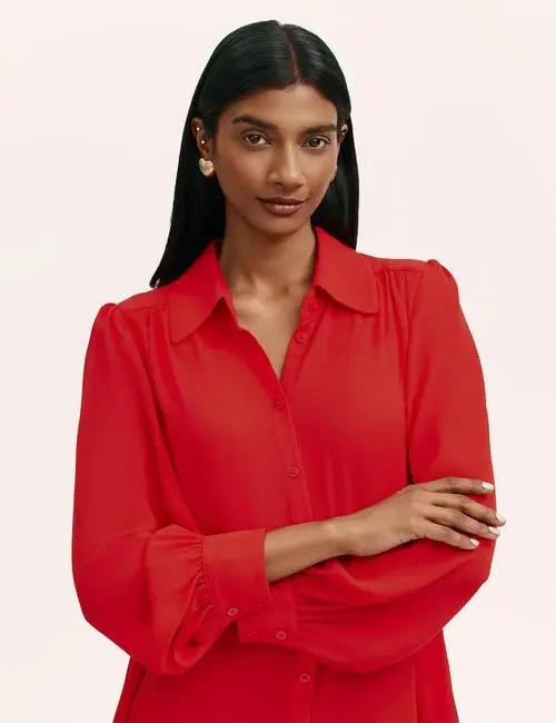 FINERY LONDON Melina Chiffon Button-down Blouse - Red