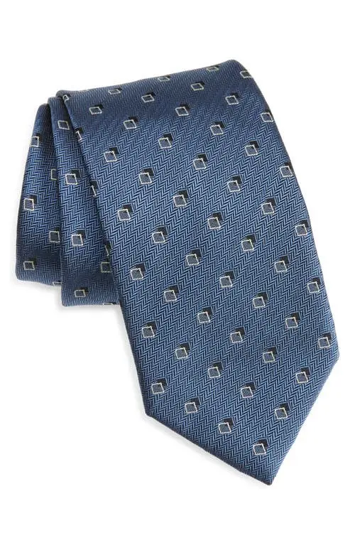 Brioni Geometric Herringbone Silk Neck Tie - Royal/off White