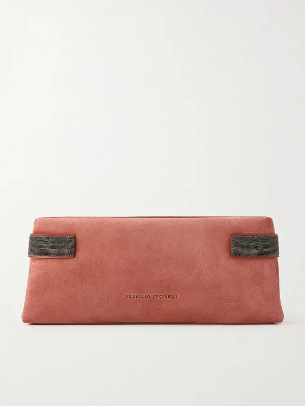 Brunello Cucinelli Essence Bead-embellished Leather-trimmed Suede Clutch - Red