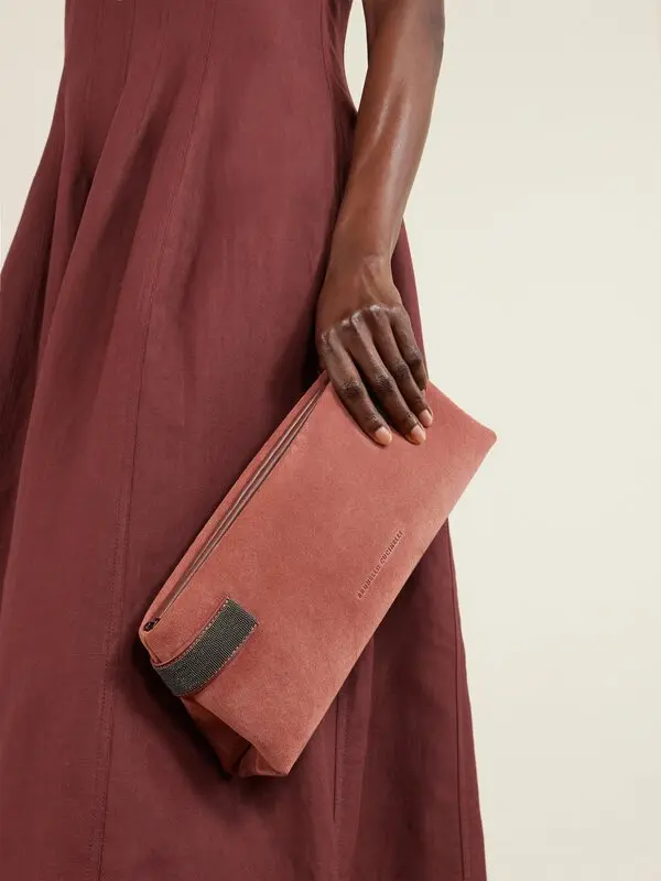 Brunello Cucinelli Essence Bead-embellished Leather-trimmed Suede Clutch - Red