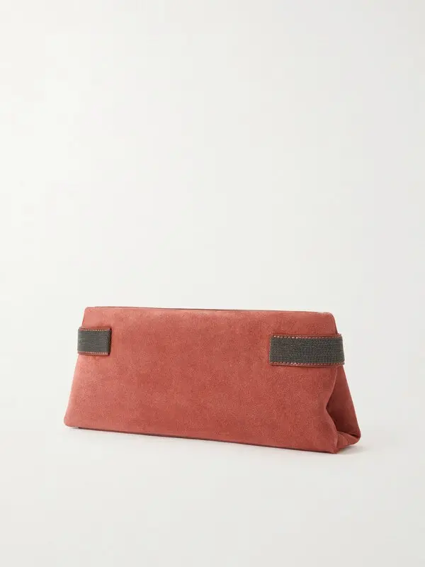Brunello Cucinelli Essence Bead-embellished Leather-trimmed Suede Clutch - Red