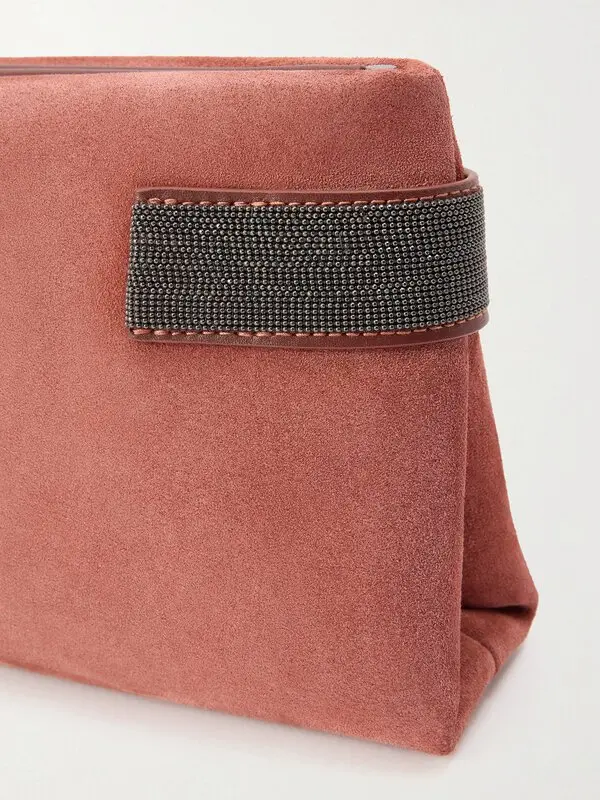 Brunello Cucinelli Essence Bead-embellished Leather-trimmed Suede Clutch - Red