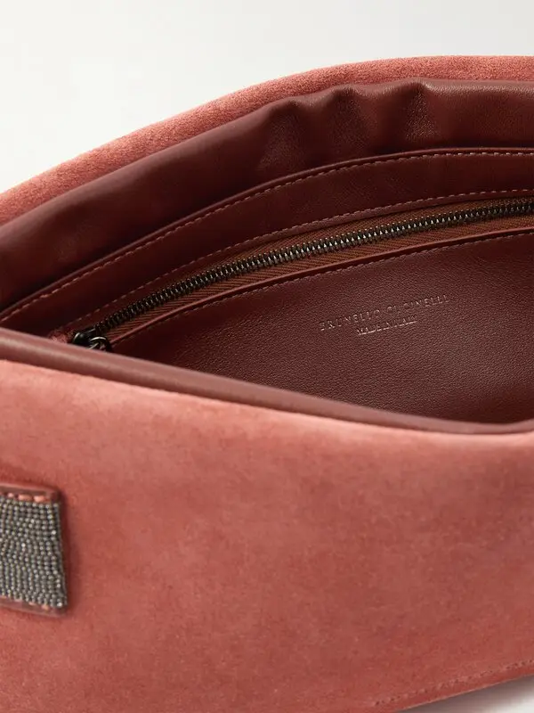 Brunello Cucinelli Essence Bead-embellished Leather-trimmed Suede Clutch - Red