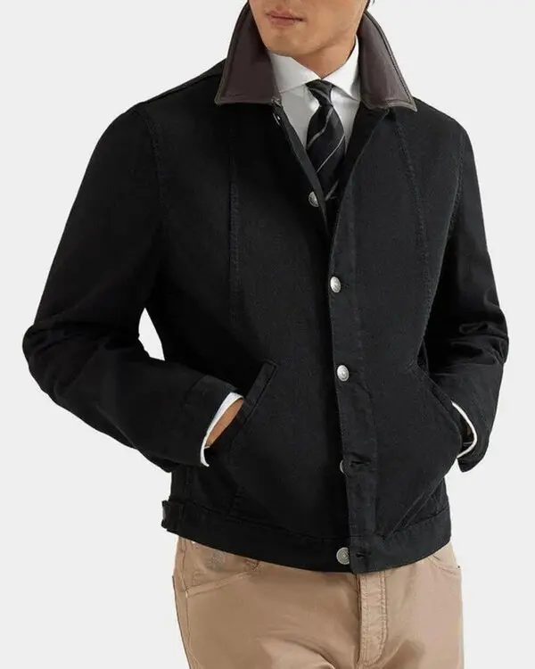 Brunello Cucinelli Garment-dyed Shirt Jacket With Leather Collar - Blac