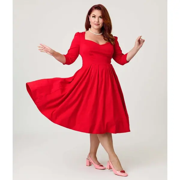 Unique Vintage Sweetheart Swing Dress - Red Solid