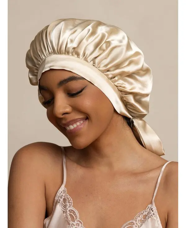 SILKSILKY Mulberry Silk Bonnet With Long Ribbons - Beige