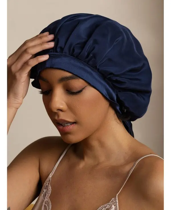 SILKSILKY Mulberry Silk Bonnet With Long Ribbons - Dark Blue